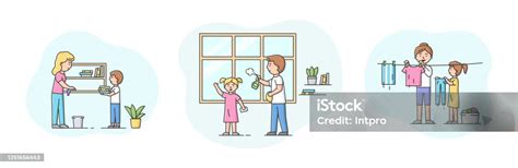 육아 및 청소 아파트의 개념 아이들을 청소 아파트와 세탁성인의 장면 세트 사람들은 깨끗한 창 책장 만화 선형 윤곽선 플랫 벡터 일러스트레이션 빨래에 대한 스톡 벡터 아트 및