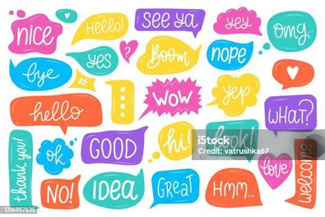 손으로 그린 음성 거품 낙서 대화 거품 필기 텍스트와 구름을 생각 귀여운 만화 이야기 풍선 노트북 스티커 벡터 세트 스티커에