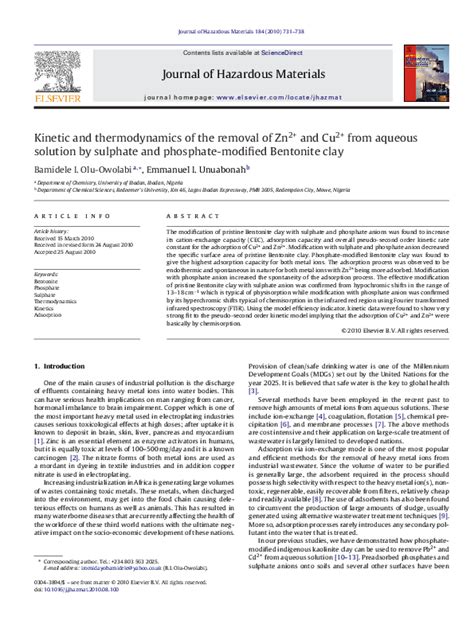 Pdf Kinetic And Thermodynamics Of The Removal Of Zn2 And Cu2 From