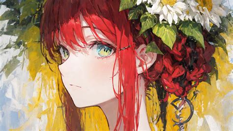Download Wallpaper 1920x1080 Girl Glance Wreath Flowers Art Anime