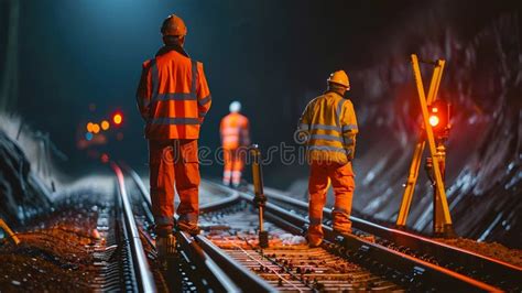 Railway Workers Working On Railroad Tracks At Night Railway Construction Site Generative Ai