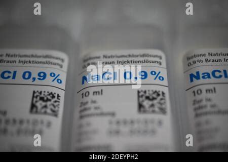 Viersen, Germany - May 9. 2020: Macro close up of isolated 10 ml nacl ...
