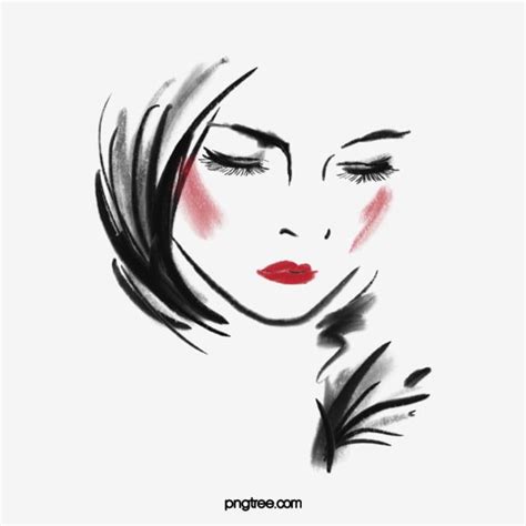 손으로 그린 크리 에이 티브 잉크 브러시 여자 일러스트 그림 핑크 볼터치 붉은 입술 Png 일러스트 및 Psd 이미지 무료 다운로드 Pngtree