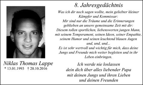 Traueranzeigen Von Niklas Thomas Lappe Trauer In Nrw De