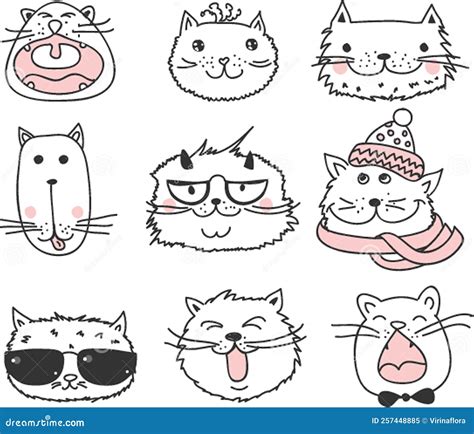 Funny Cats Doodles Set Of 9 Hand Drawn Characters In Different Poses