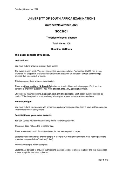 SOC2601 Final EXAM October November 2022 Questions And Instructions Version Sunday 30