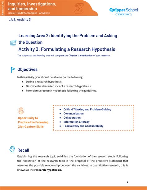 Final Rk Iii 11 12 La 2 Learning Activity 3 Formulating A Research Hypothesis Learning Area