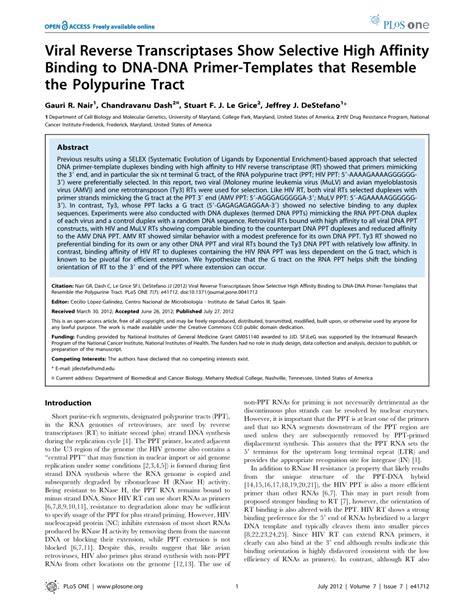 Pdf Viral Reverse Transcriptases Show Selective High Affinity Binding To Dna Dna Primer