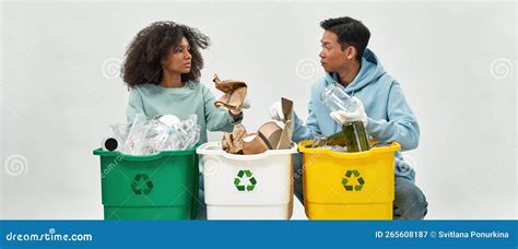 Girl And Man Sorting Garbage In Variety Dustbins Stock Image Image Of Trash Disposal 265608187