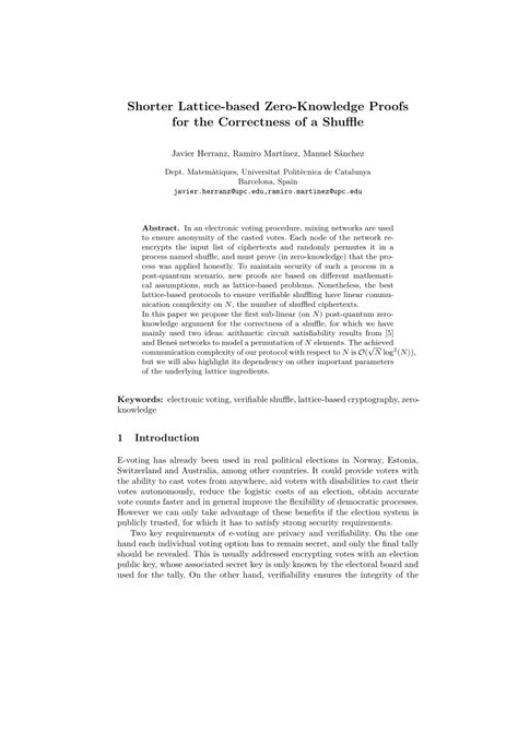 Pdf Shorter Lattice Based Zero Knowledge Proofs For The Correctness Of A Shuffle