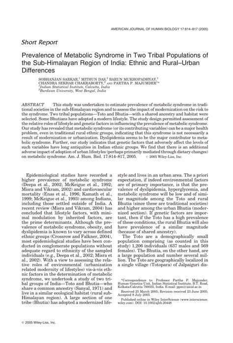 Pdf Prevalence Of Metabolic Syndrome In Two Tribal Populations Of The Sub Himalayan Region Of