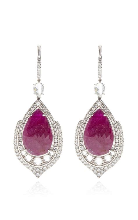 One Of A Kind Pear Shape Ruby Earrings With Rose Cut Diamonds