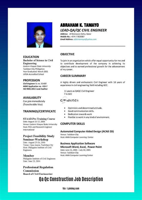 qa qc construction job description quality control manager with 10