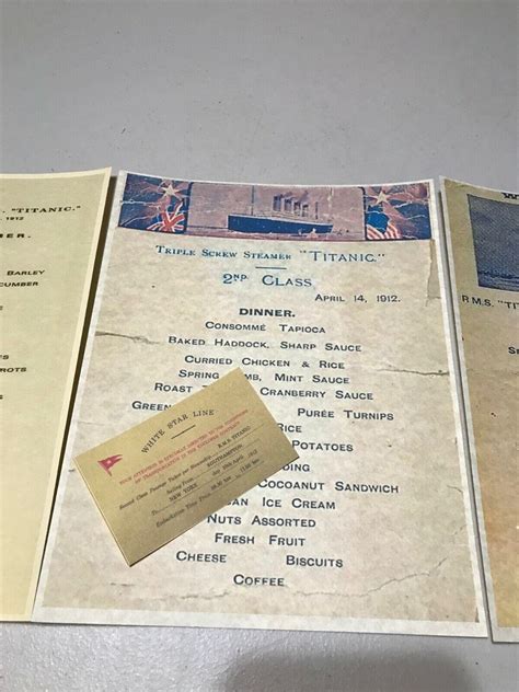 Rms Titanic 1st 2nd And 3rd Class Menus And 3 Boarding Passes From