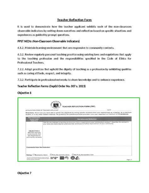 Teacher Reflection Form Ppst Ncois Non Classroom Observable