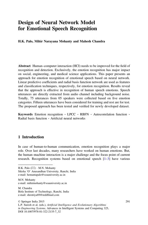 PDF Design Of Neural Network Model For Emotional Speech Recognition