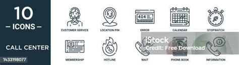 콜 센터 개요 아이콘 세트에는 얇은 라인 고객 서비스 에이전트 오류 스톱워치 핫라인 전화 번호부 정보 보고서 프리젠 테이션 다이어그램 웹 디자인을위한 회원 아이콘이