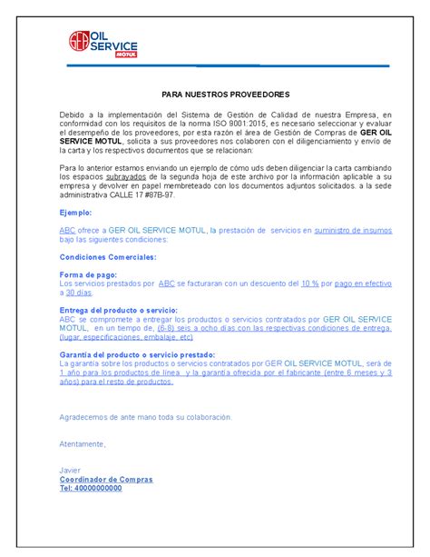 Carta Comercial Proveedores Para Nuestros Proveedores Debido A La