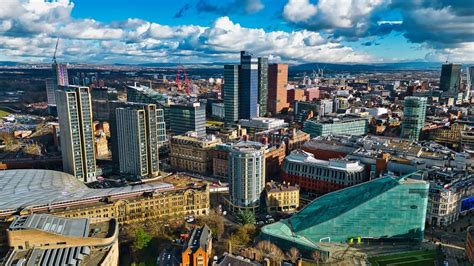 Aerial View Of Manchester City Center Buildings And Infrastructure