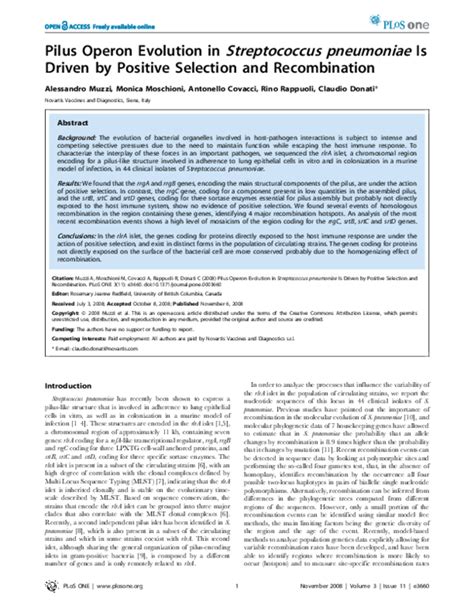 Pdf Pilus Operon Evolution In Streptococcus Pneumoniae Is Driven By Positive Selection And