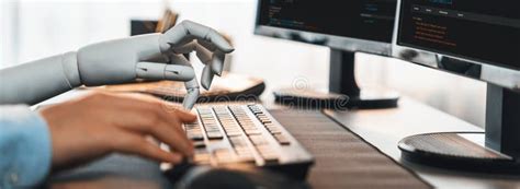 Collaboration Between Robotic Hand And Human Software Developer Trailblazing Stock Image