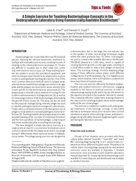 A Simple Exercise For Teaching Bacteriophage Concepts In The Undergraduate Laboratory Using