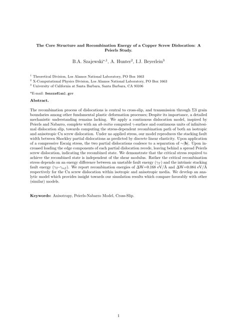 Pdf The Core Structure And Recombination Energy Of A Copper Screw