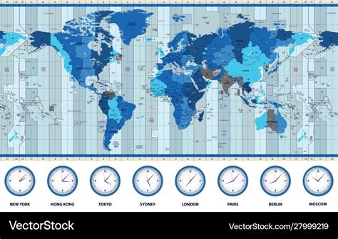 Map World Standard Time Zones In Blue Royalty Free Vector