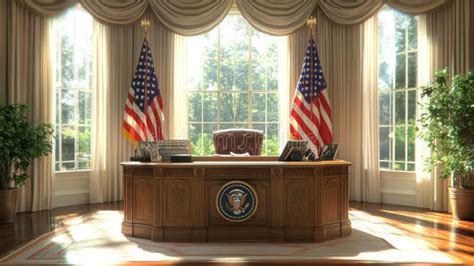 President S Oval Office Interior American Flags Sunlight Streaming