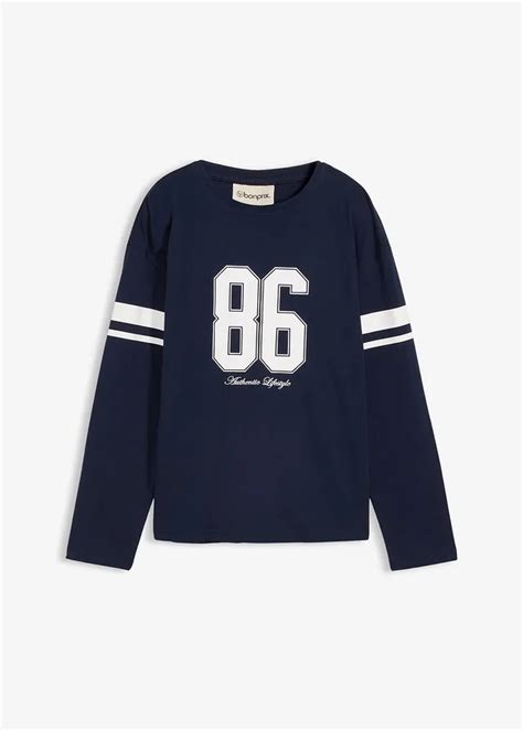 Oversized Longsleeve Van Biologisch Katoen Donkerblauw Wit Met Print