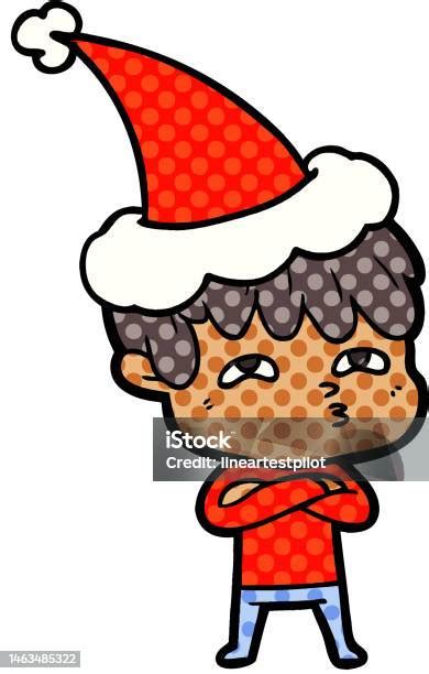 산타 모자를 쓴 호기심 많은 남자의 손으로 그린 만화책 스타일의 그림 낙서 드로잉에 대한 스톡 벡터 아트 및 기타 이미지 낙서 드로잉 남자 등장인물 Istock