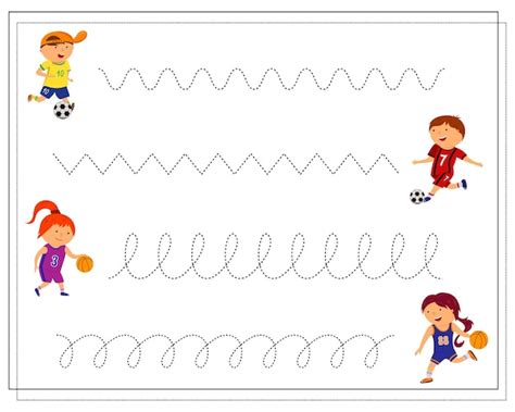 필기 연습 워크시트 점을 통해 귀여운 만화 축구 선수 안내 프리미엄 벡터