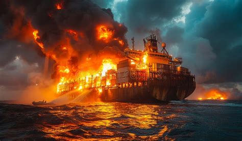 Cargo Ship Fire At Sea A Cargo Ship Engulfed In Flames At Sea With
