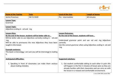 Summary Lesson Plan Assingment 2 Adjectives Ending In Ed Tefl Teacher Training Stuvia Us
