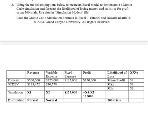 get answer using the model assumptions below to create an excel