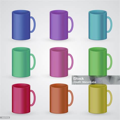 커피 컵 클래식 실린더 모양 머그컵 흰색 절연의 집합입니다 멀티 컬러 컬렉션 브랜드에 대 한 빈 공간을 가진 음료 용기입니다 개체 그룹에 대한 스톡 벡터 아트 및 기타