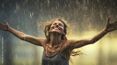 Happy Girl Dancing In The Rain Shrouded In Water Droplets Shimmering