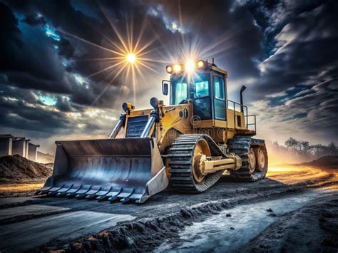 Powerful Bulldozer In Lowlight Construction Site At Night Heavy