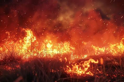 A Field Of Grass With A Fire In The Background Premium Ai Generated Image