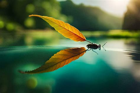 A Leaf Is Floating On The Water With A Bug Ai Generated 32249150 Stock