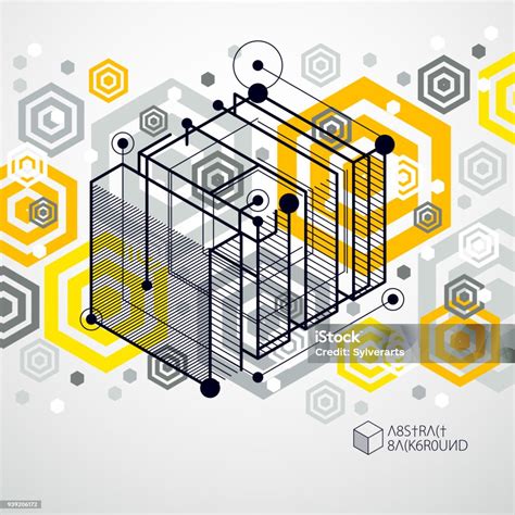 아이소메트릭 추상적인 선형 차원 큐브 모양으로 노란 배경 3d 메쉬 요소 벡터 큐브 육각형 사각형 사각형 및 다른 추상 요소 레이아웃 0명에 대한 스톡 벡터 아트 및 기타