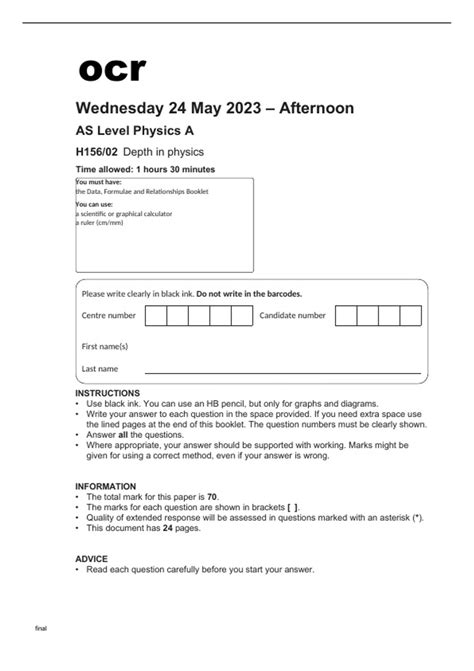 Ocr AS Level Physics A H156 02 Question Paper May2023 AS Level Physics A MS And QP Stuvia US
