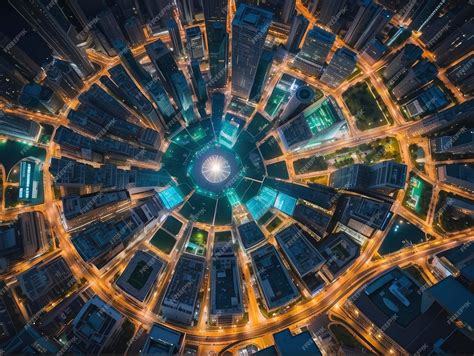 Premium Photo A City At Night With A Circular View Of Buildings And