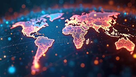 Dynamic Illustration Of Global Data Flow Network Digital World Map With Glowing Lines Dots