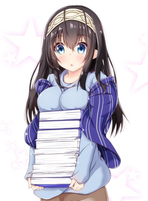 Safebooru 1girl O Black Hair Blue Eyes Blush Book Book Stack Breast