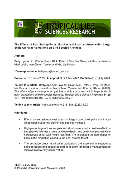 Pdf The Effects Of Peat Swamp Forest Patches And Riparian Areas Within Large Scale Oil Palm