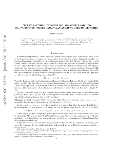 Pdf Eulers Partition Theorem For All Moduli And New Companions To