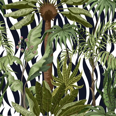 Seamless Zebra Skin Pattern With Tropical Leaves Vector Stock Vector