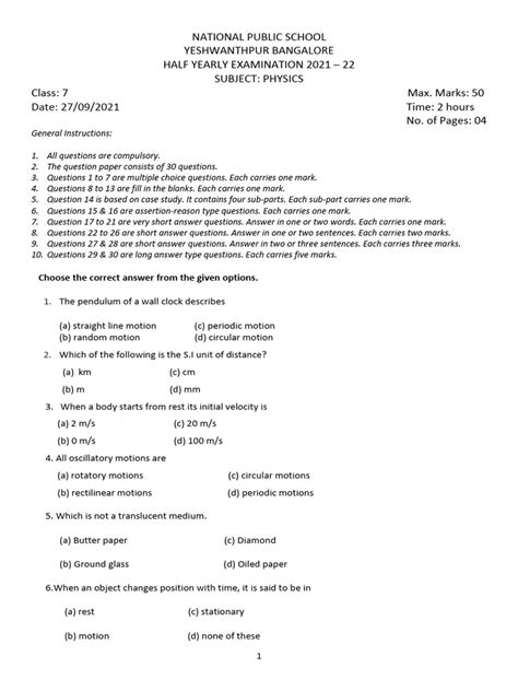 Class 7 Physics Exam Paper Pdf Weight Force