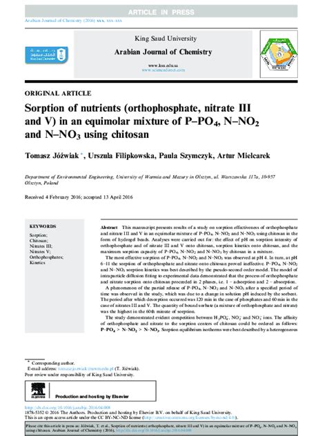Pdf Sorption Of Nutrients Orthophosphate Nitrate Iii And V In An Equimolar Mixture Of P Po4